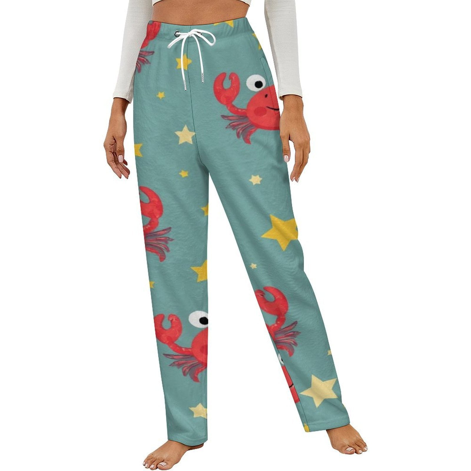 Cute Crabs Starry Night Pattern Winter Pajamas Pants Warm Flannel Home ...