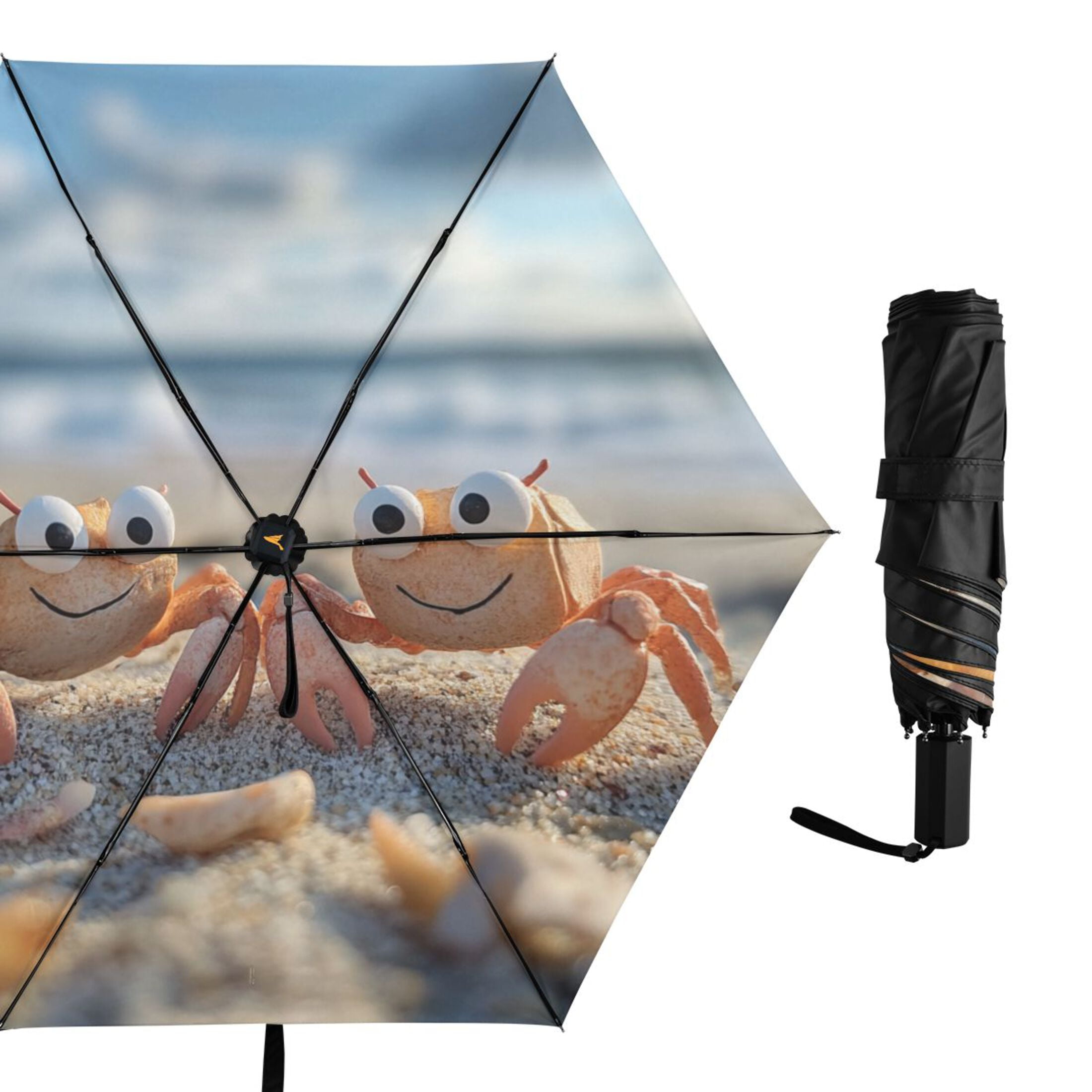 Cute Crabs on The Beach Triple Folding Umbrella Parasol 6 Ribs UV ...