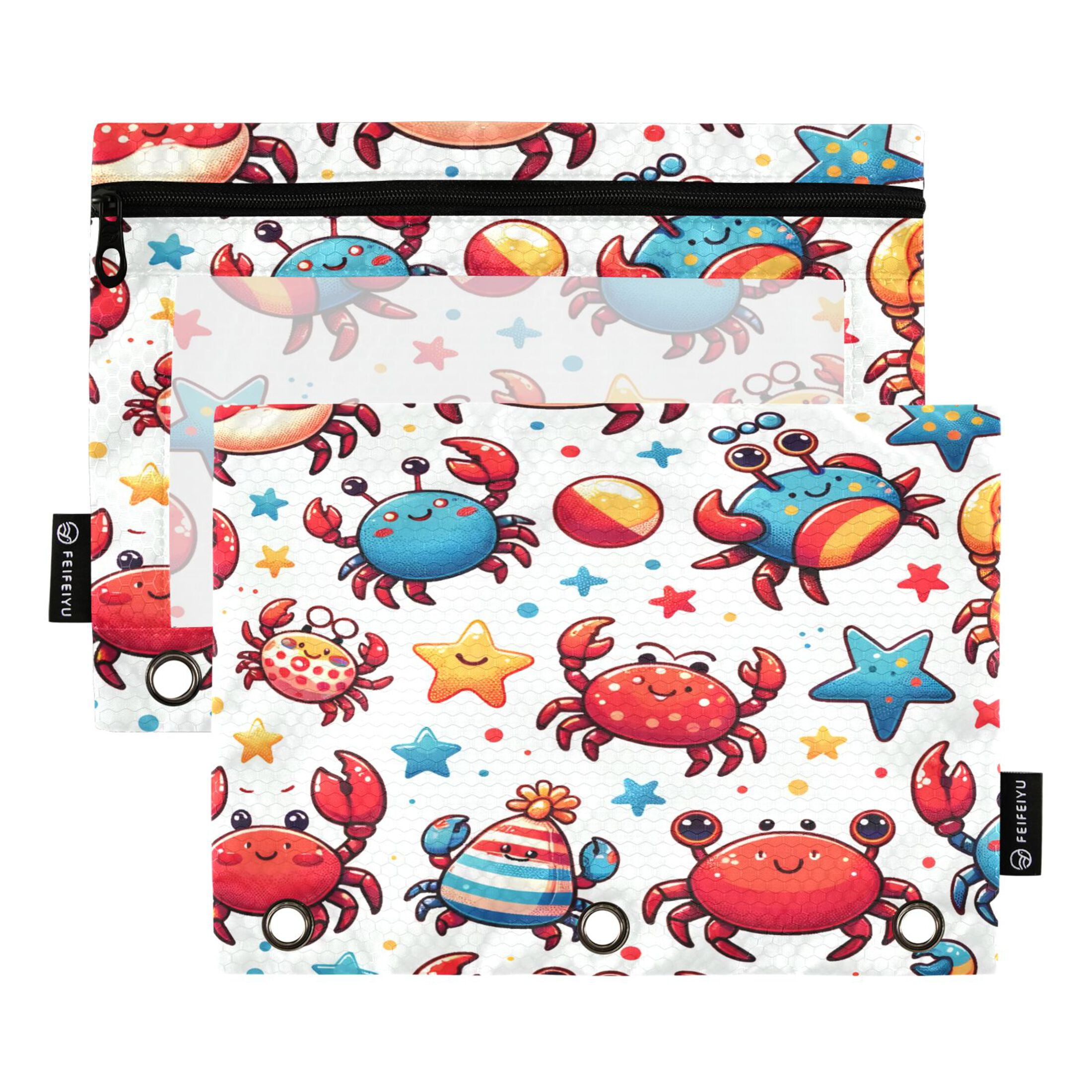 Cute Crabs with Starfish 2 Pack Pencil Pouch for 3 Ring Binder Smooth Zipper Folders with ...