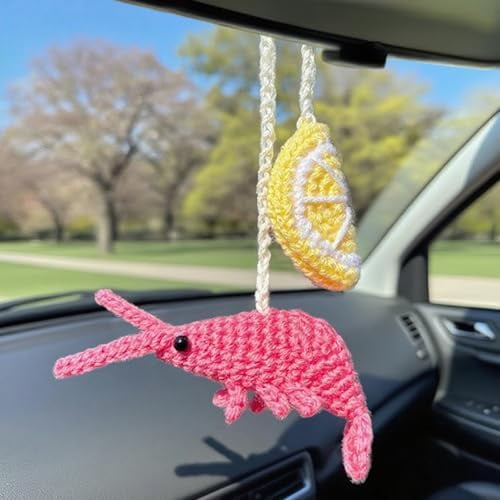 Cute Crochet Cocktail Shrimp Car Decor,Lemon Car Hanging Accessories ...