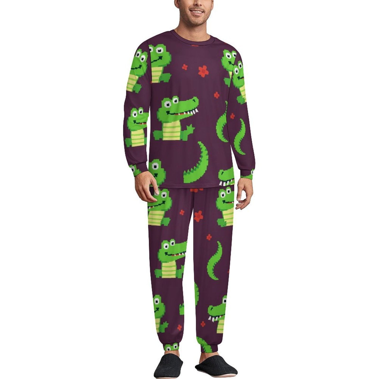 Cute Crocodile Pattern Pajamas Men Home Suit Winter Long Sleeve 2 Piece ...