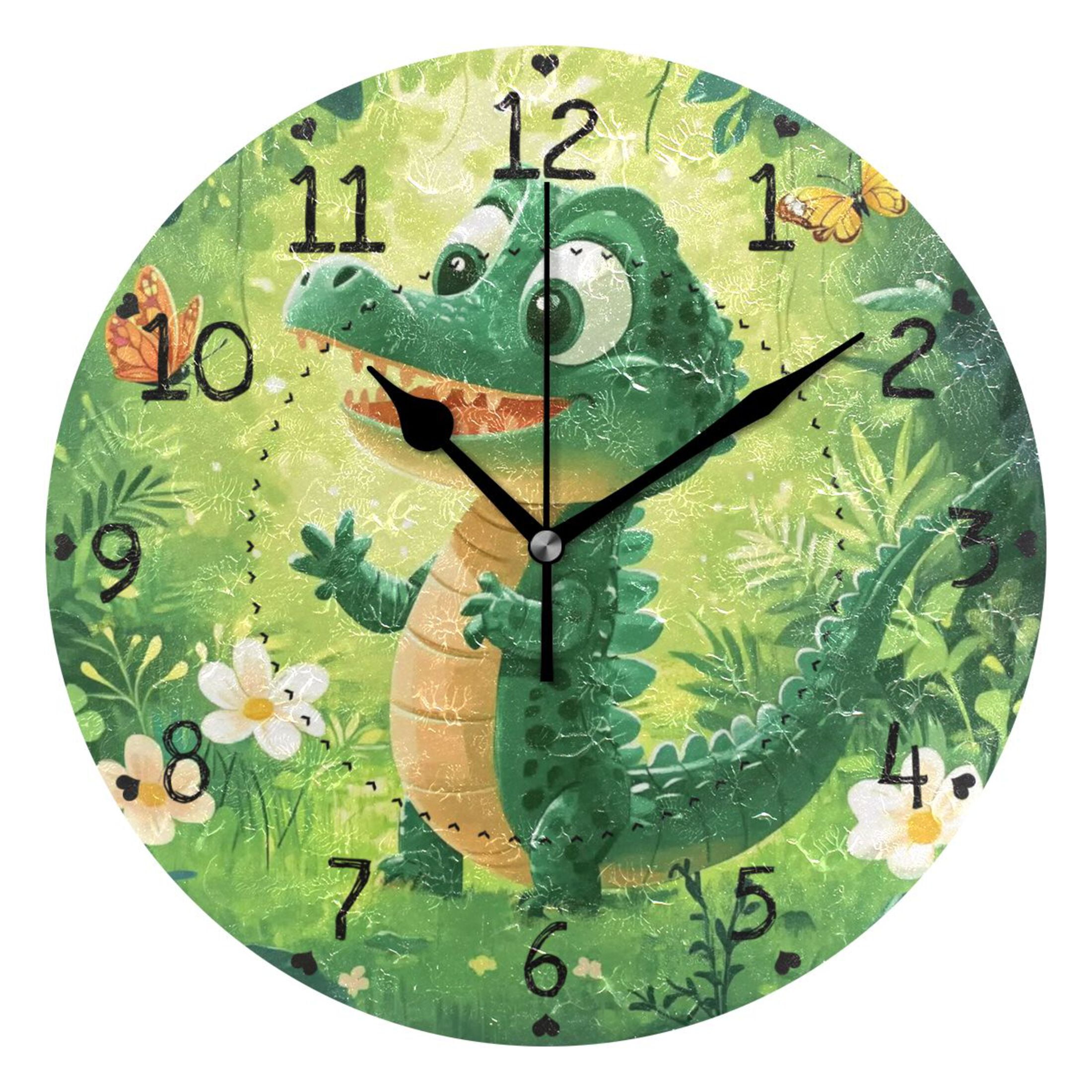 Cute Crocodile with Butterflies Round Wall Clock Silent Battery ...