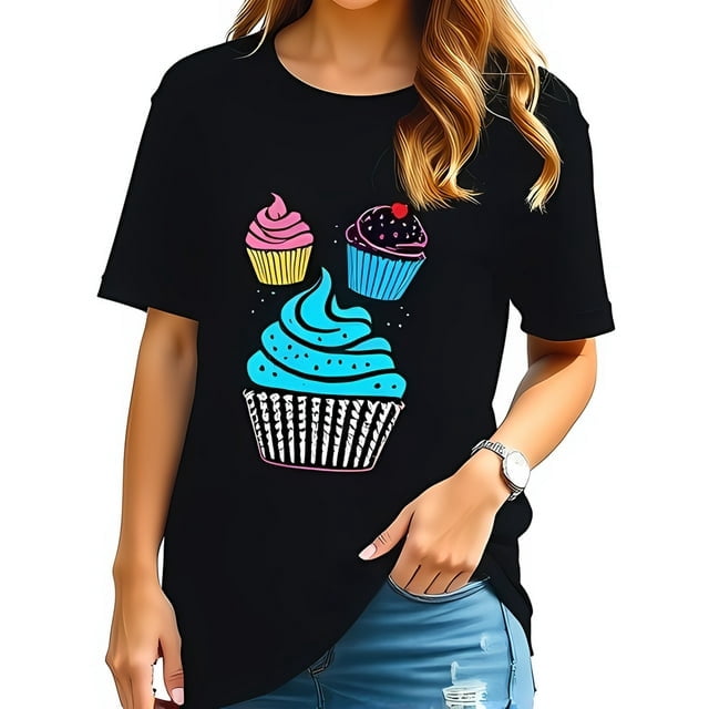 Cute Cupcake Graphic T-Shirt for Women - Black Crew Neck Tee with Pink ...