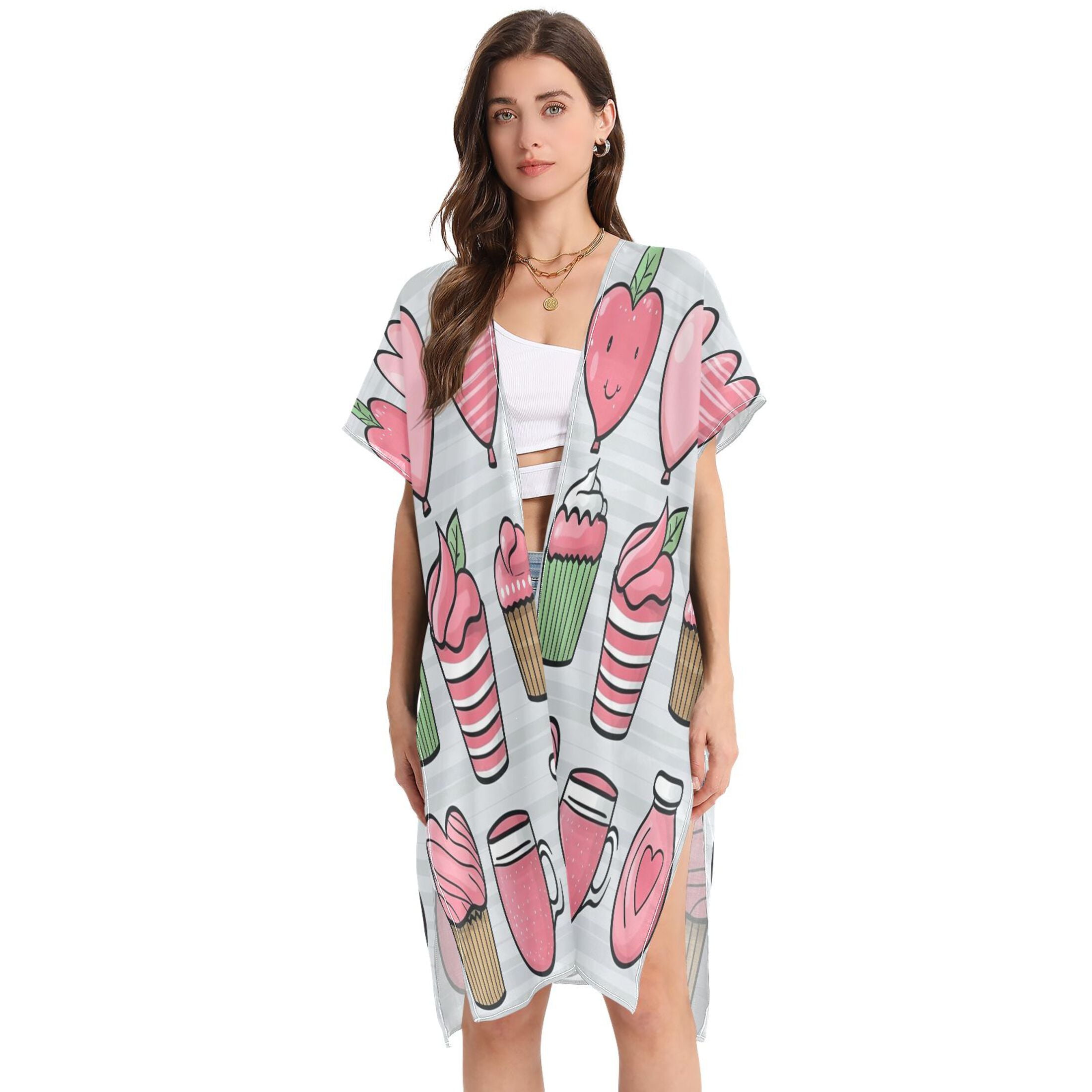 Cute Cupcake Illustrations Women's Swimwear Cover Up Summer Cardigan ...