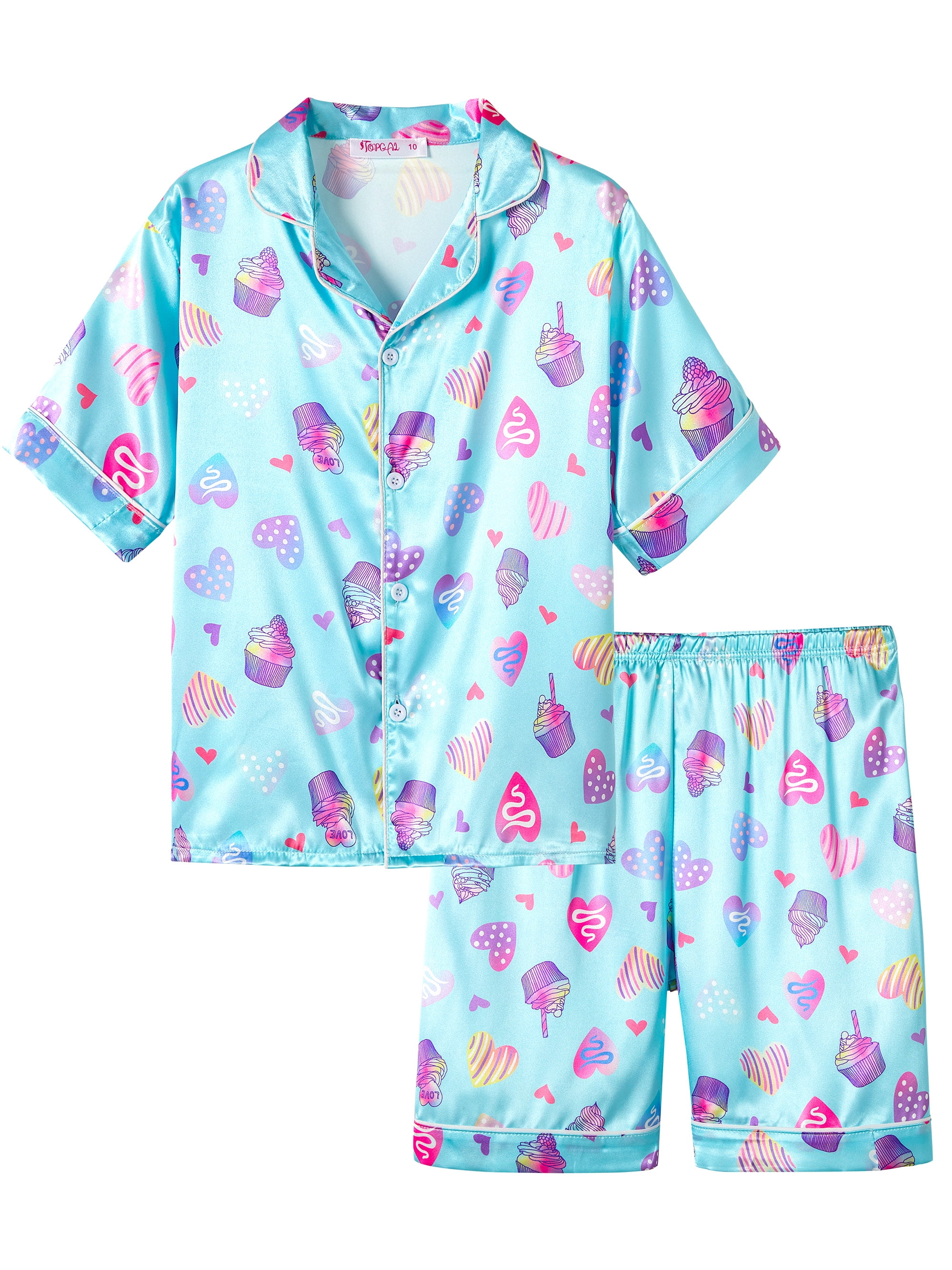 Cute Cupcake and Colorful Heart Pajamas for Girls – Satin Silky Short ...