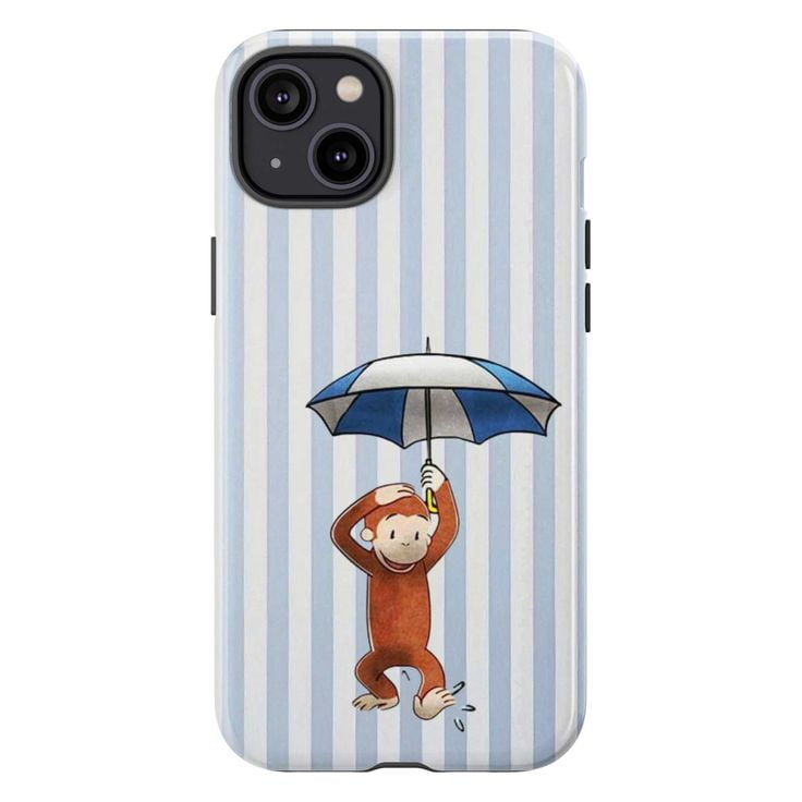 Cute Curious Monkey with Blue and White Umbrella Phone Case, Cartoon ...