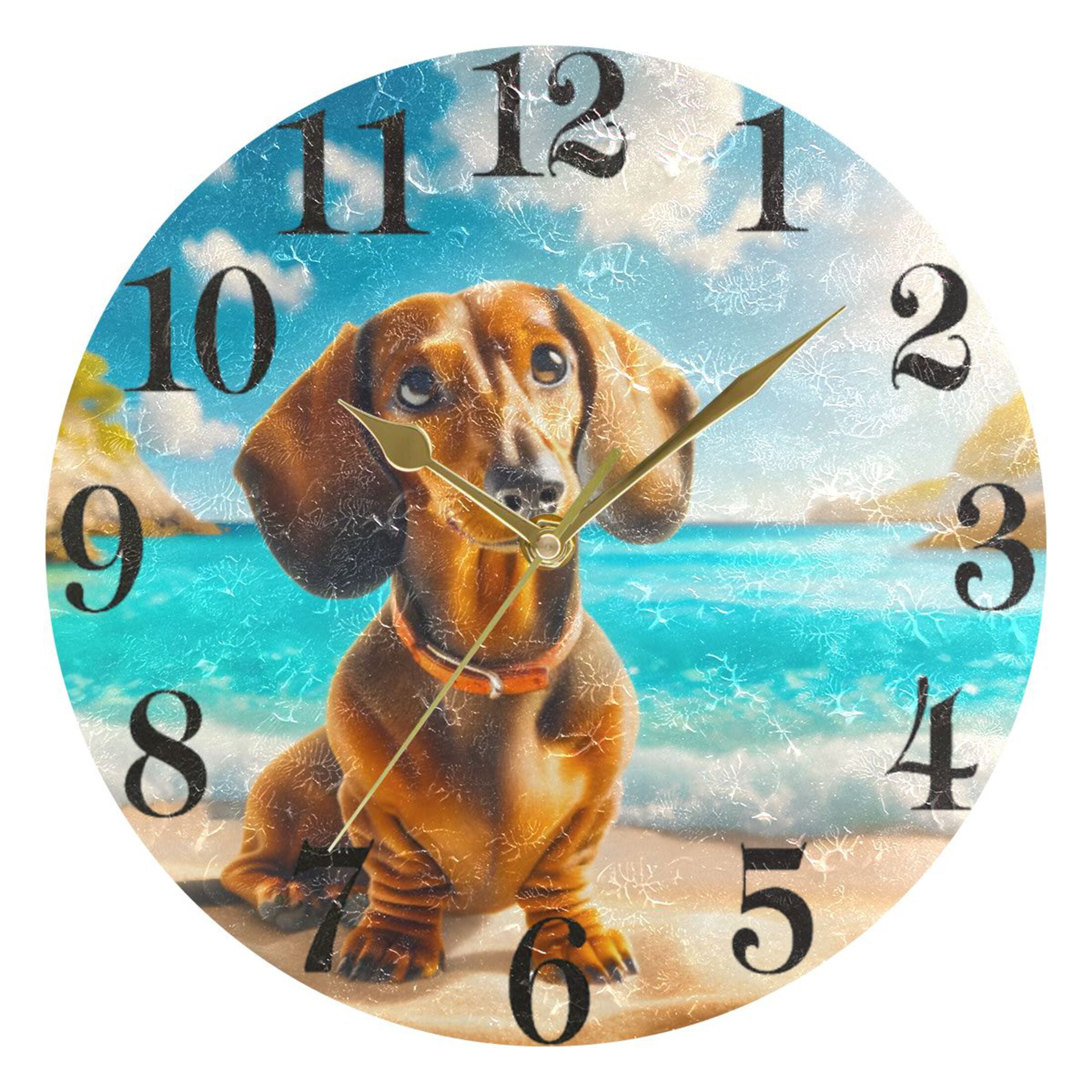 Cute Dachshund Dog on Beach Wall Clock 9.8 inch Battery Operated Clocks ...