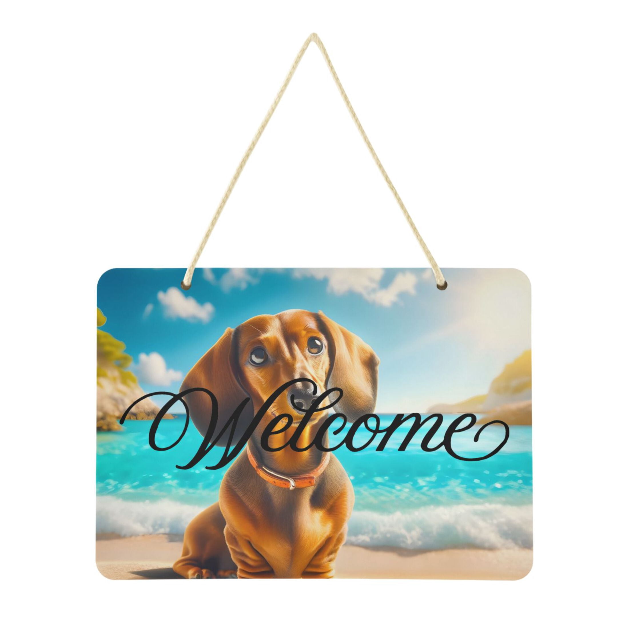 Cute Dachshund Dog on Beach Welcome Sign Front Door PVC 14x10 inch ...