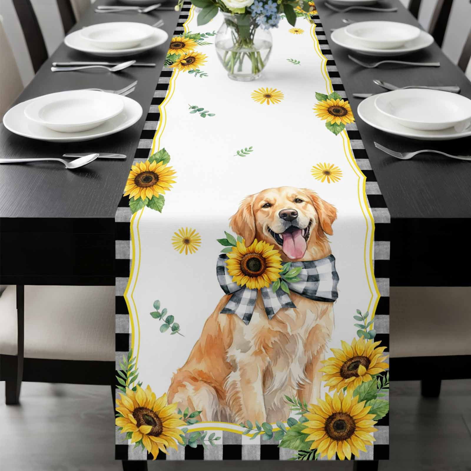 Cute Dag Table Runner, Yellow Sunflower Daisy Black Plaid Summer Field ...