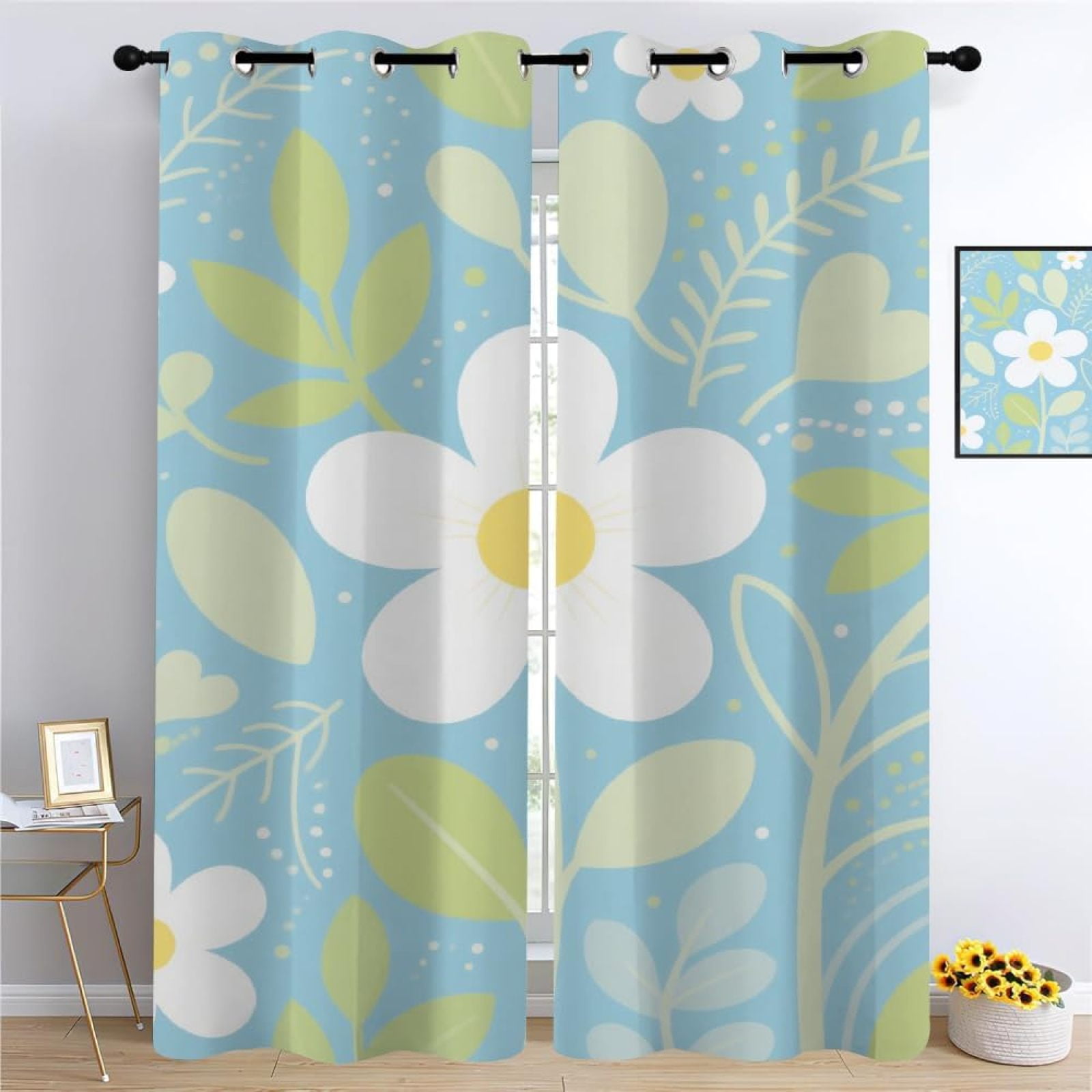 Cute Daisy Floral Blackout Curtains, Scandinavian Nordic Style Kids ...