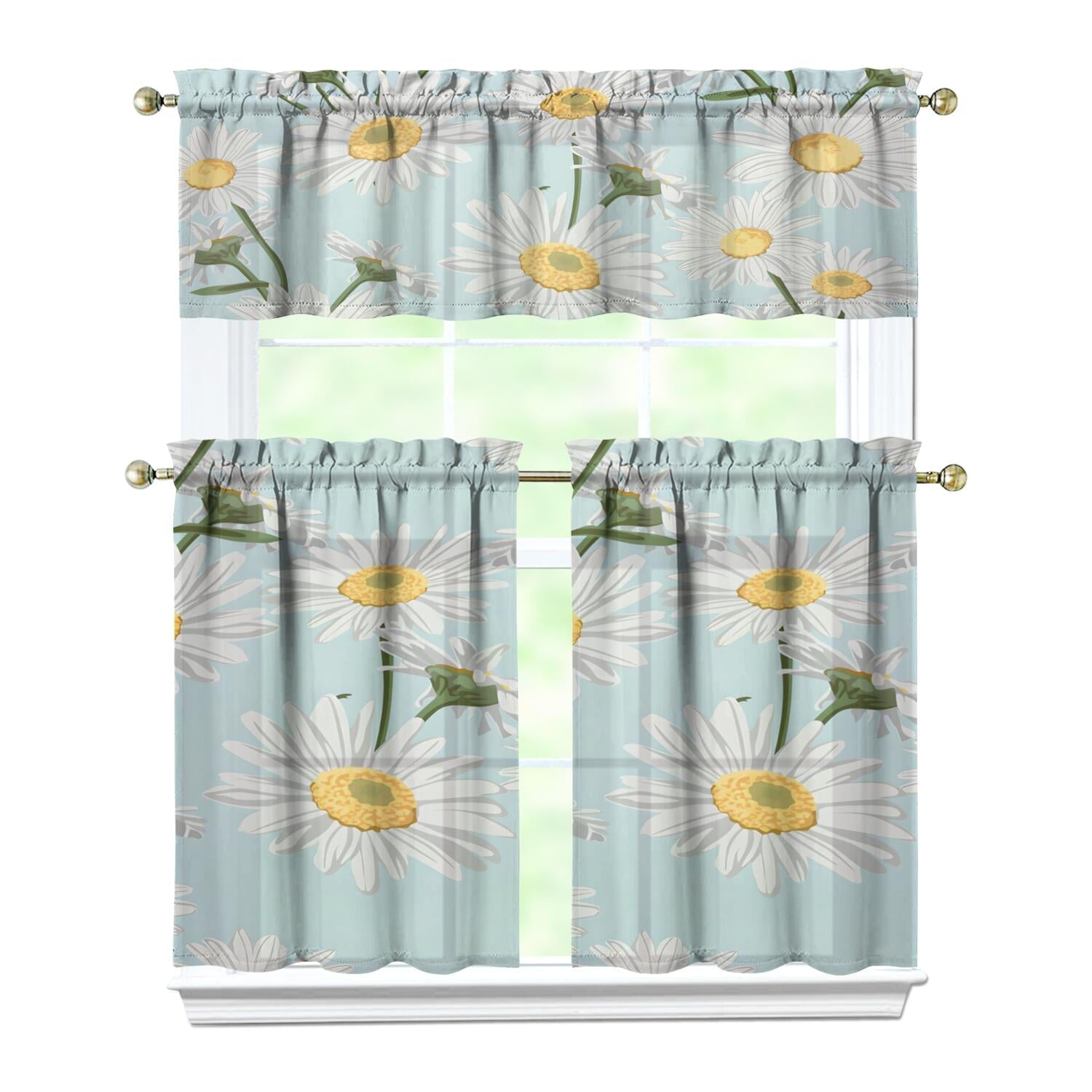 Cute Daisy Floral Kitchen Curtains Set - 3 Pieces Valance + Tier Panels, Yellow Bloom Print ...