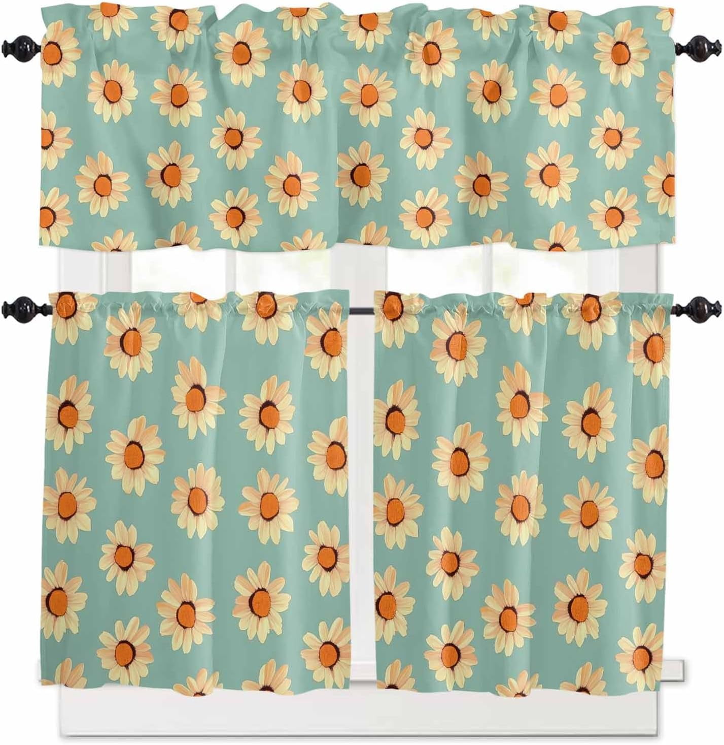 Cute Daisy Kitchen Curtains and Valances Set, Watercolor Flower Rod ...