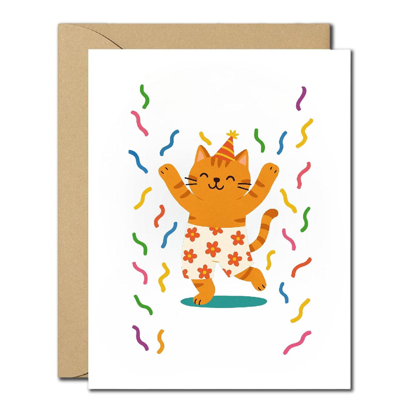 Cute Dancing Cat Birthday Card - Funny Party Cat in Shorts, Colorful ...