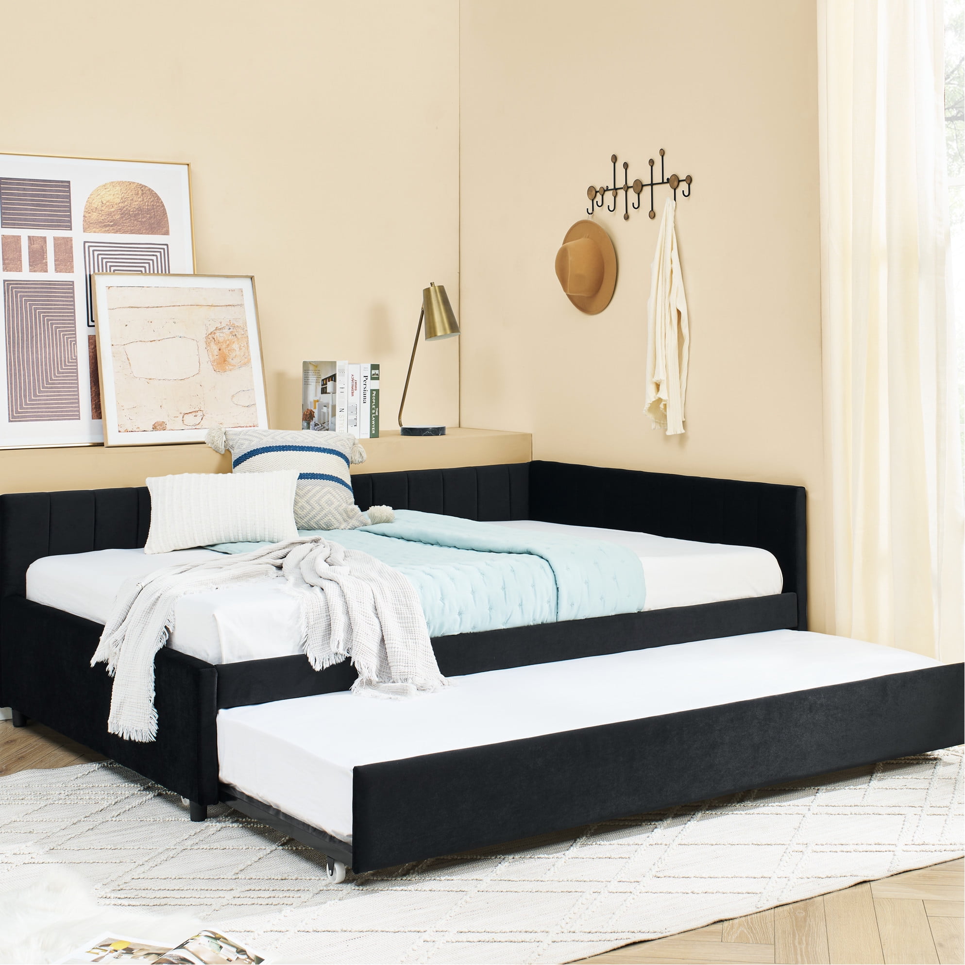 Cute Daybed With Trundle, Black Velvet Upholstery For A Playful Bedroom ...