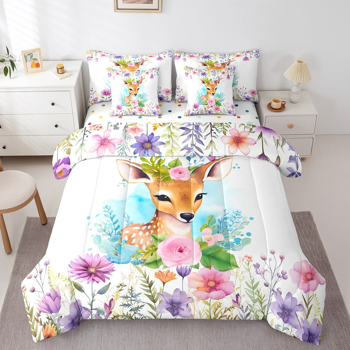 Cute Deer Bedding Comforter Sets 7 Pieces Girls Pink Roses Bed in a Bag ...