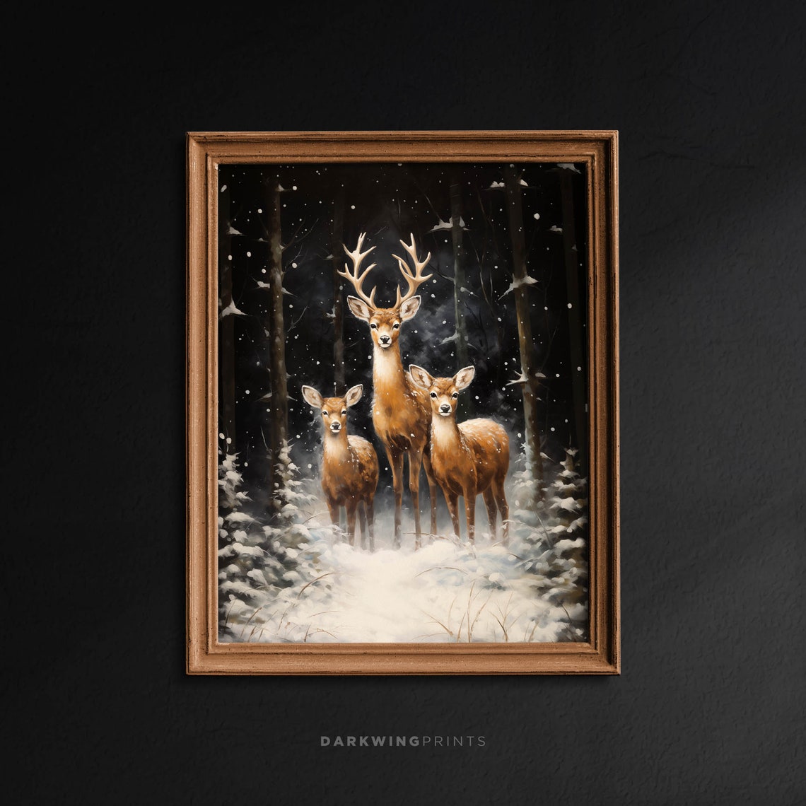 Cute Deer Family, Snowy Forest Wall Art, Winter Decor, Deer, Moody ...