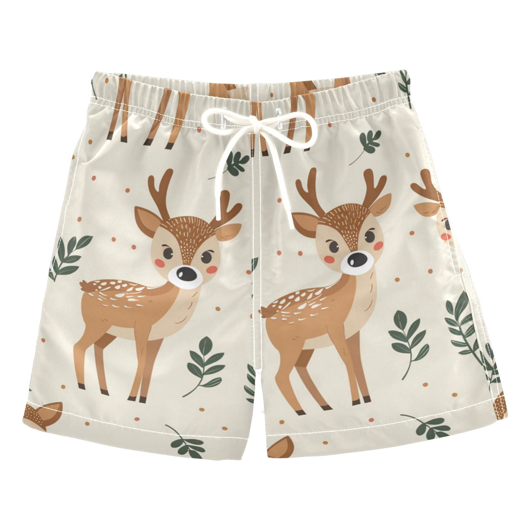 Cute Deer and Green Leaves Cartoon Boys' Swim Trunks Board Shorts Beach ...