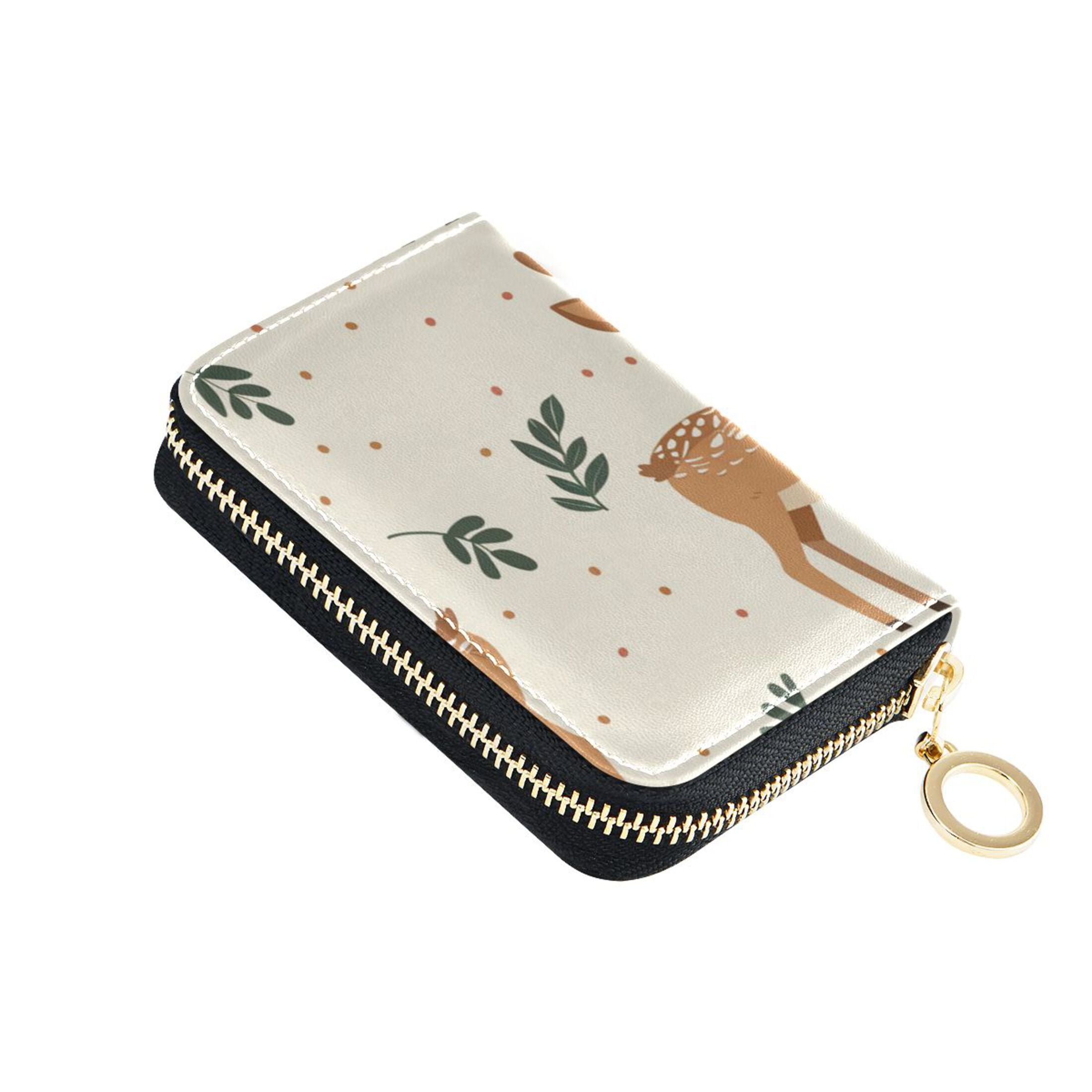 Cute Deer and Green Leaves Cartoon Women's Credit Card Holder PU ...