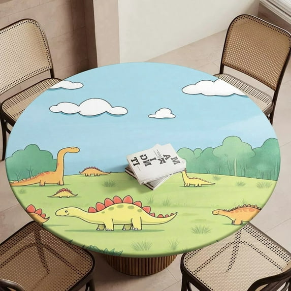 Cute Dinos in Green Landscape Round Table Cover Kitchen Printed ...