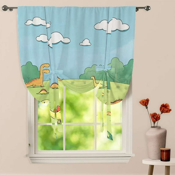 Cute Dinos In Green Landscape Window Curtain for Living Room Roman ...