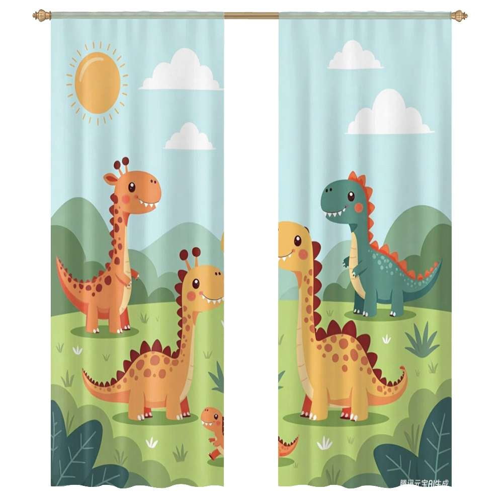 Cute Dinos In Sunny Field Sheer Window Curtains for Living Room Kitchen ...