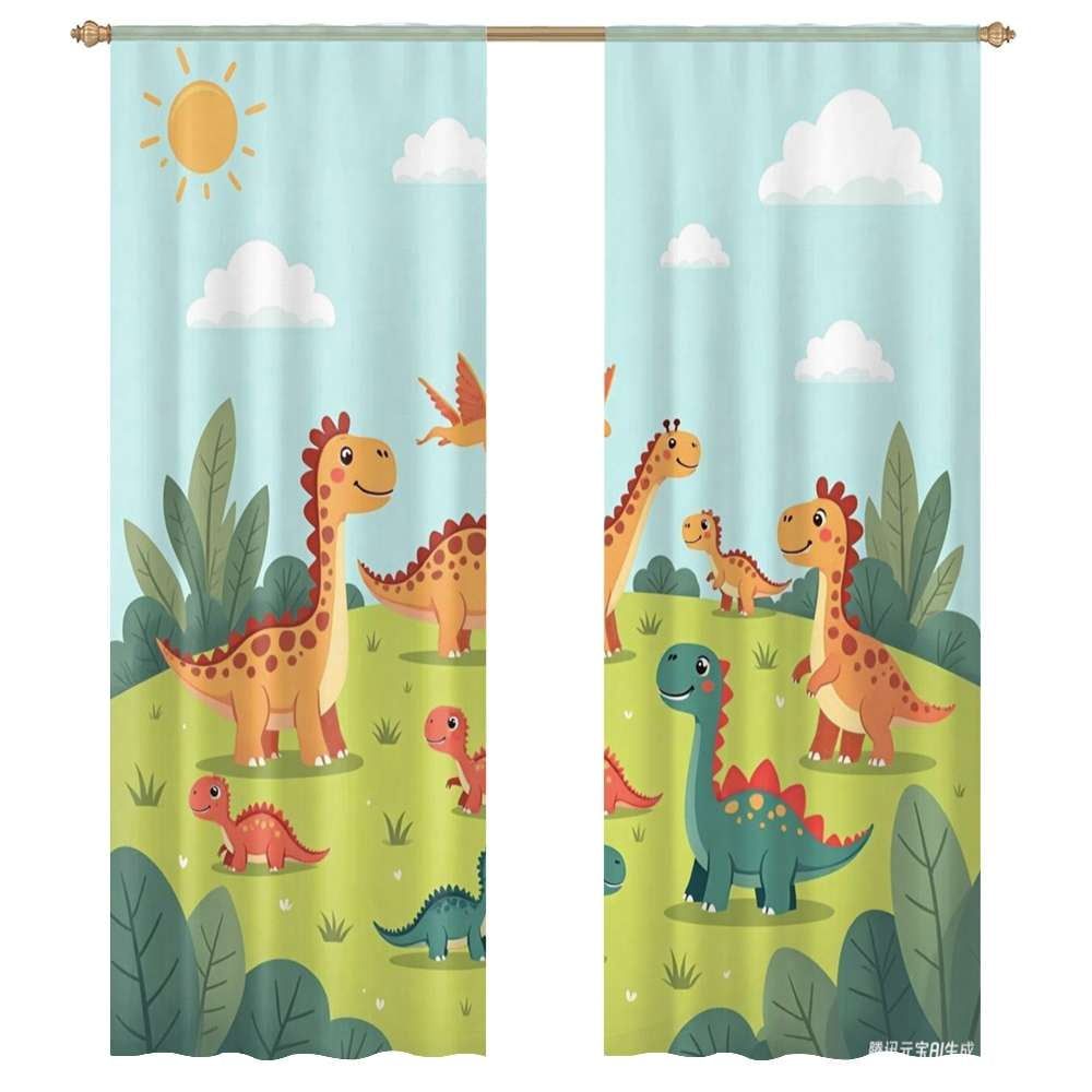 Cute Dinos In Sunny Field Sheer Window Curtains for Living Room Kitchen ...