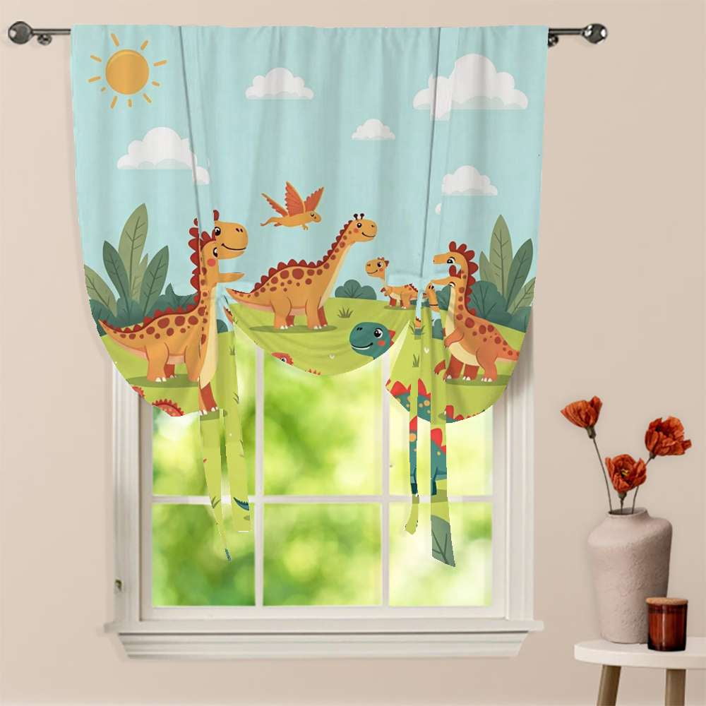 Cute Dinos In Sunny Field Window Curtain for Living Room Roman Curtain ...