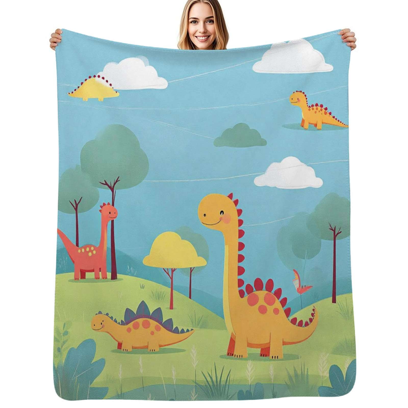 Cute Dinos in Pastel Landscape Soft Blanket Travel Bedding Throws ...