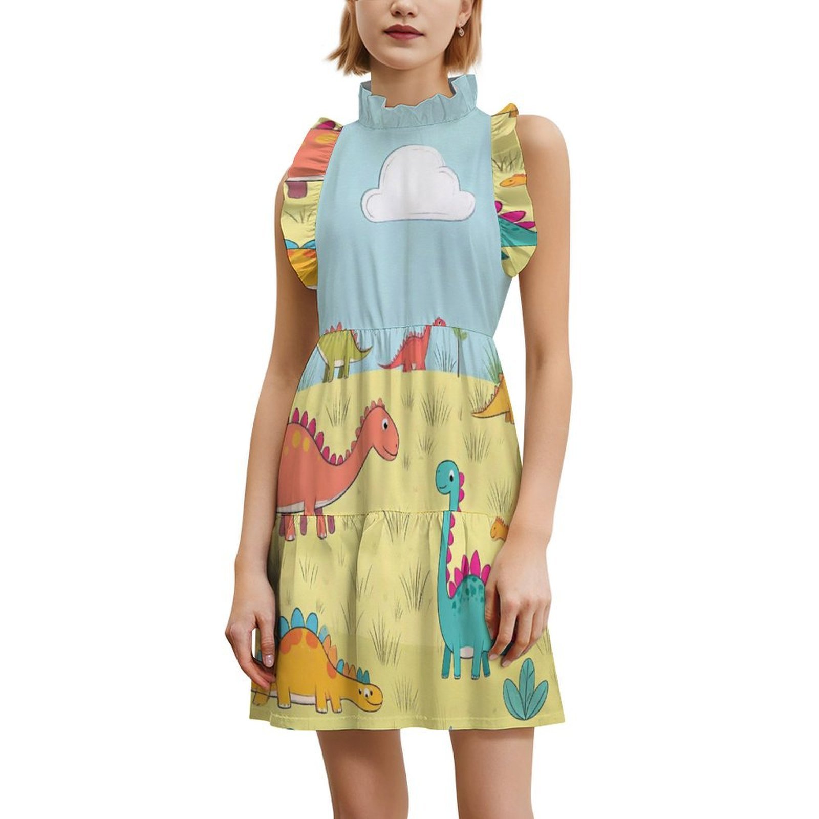 Cute Dinos in Pastel Landscape Women's Fashion Casual Dress Summer ...