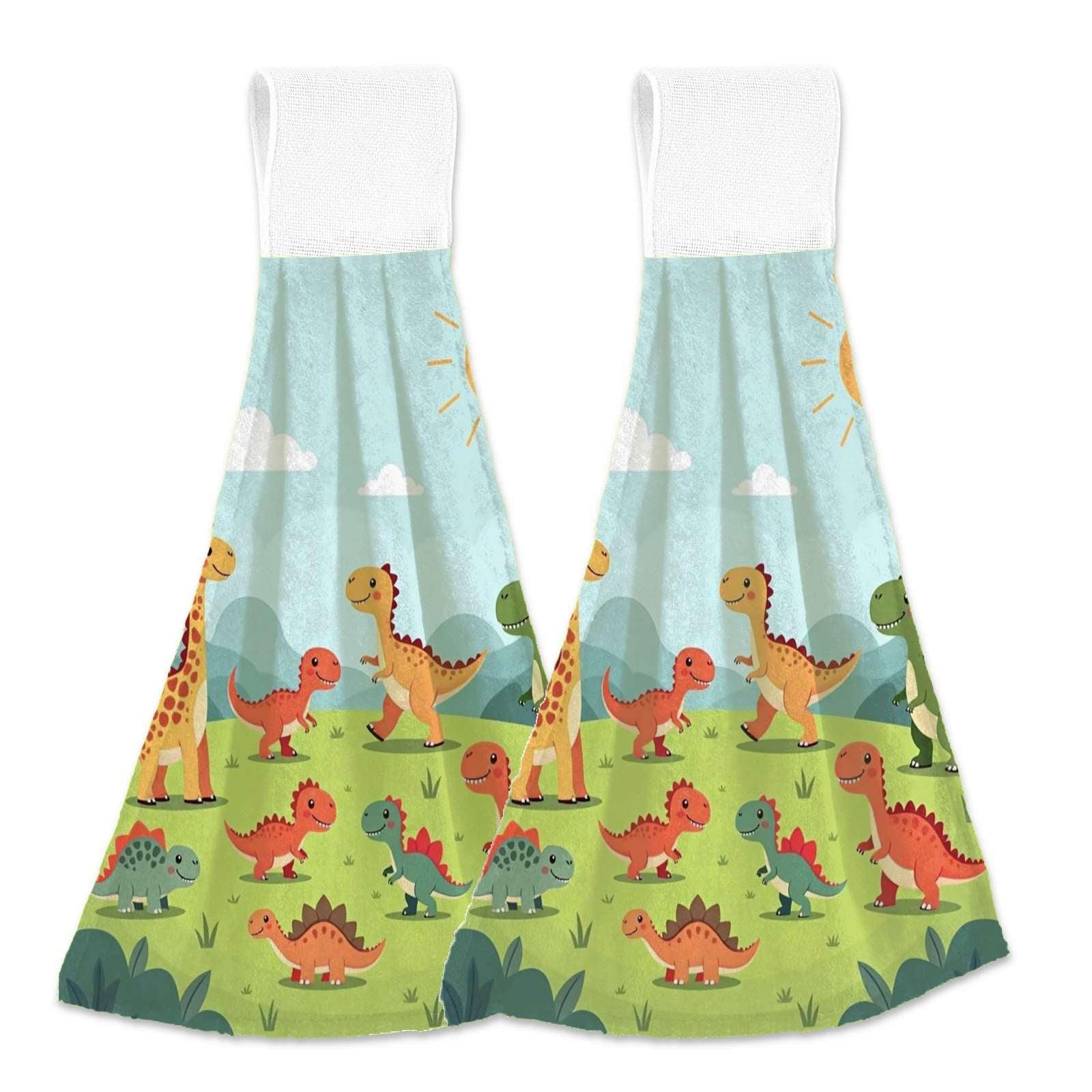 Cute Dinos in Sunny Field Hanging Kitchen Hand Towels Sets with Loop ...