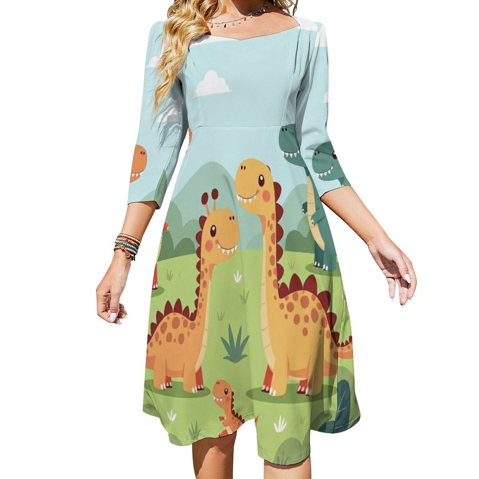 Cute Dinos in Sunny Field Women's Fall Dresses Casual Loose Flowy Swing ...