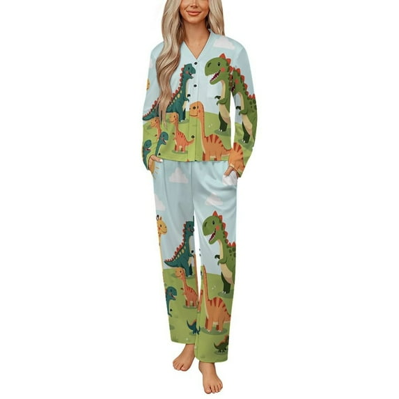 Cute Dinos in Sunny Field Womens Pyjamas Set Button Up Pyjamas Womens ...