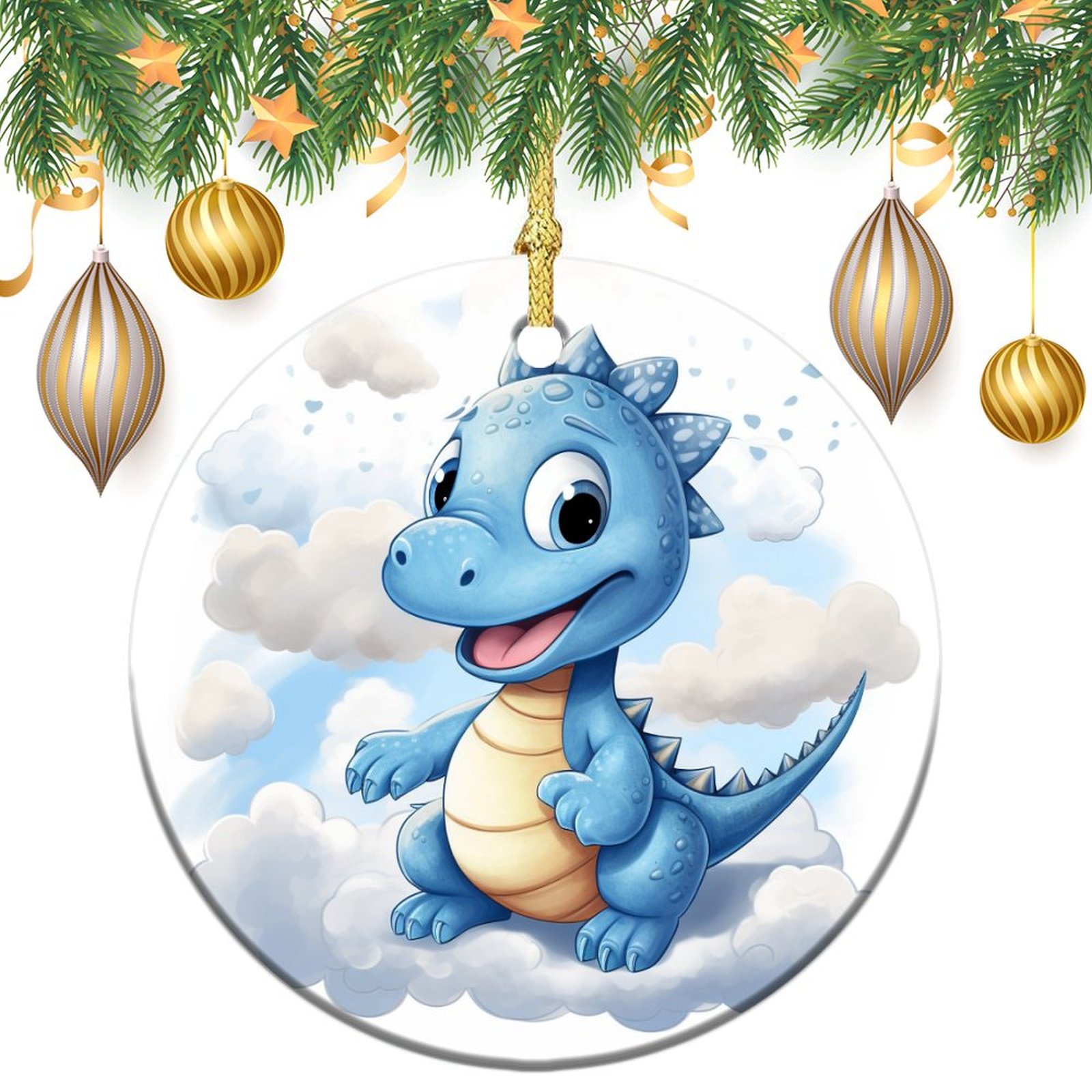 Cute Dinosaur On A Cloud Christmas Ceramic Ornament Cute Cartoon ...