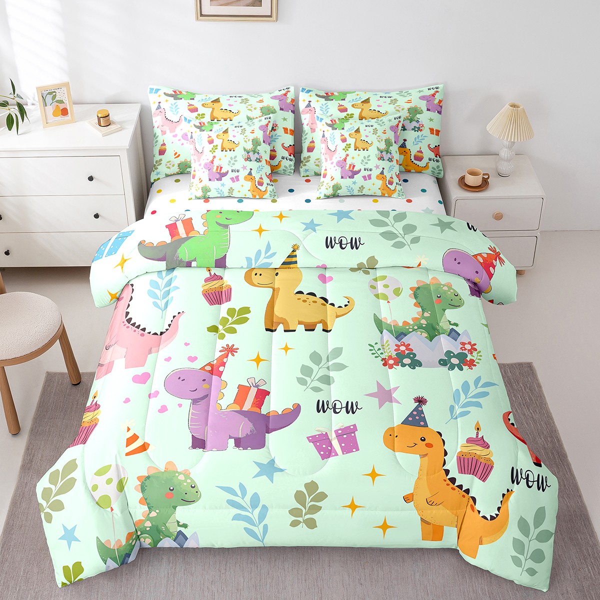 Cute Dinosaur Comforter Set 7 Piece Bed in a Bag Twin,Kawaii Dino Bedding Sets,Jungle Animals ...