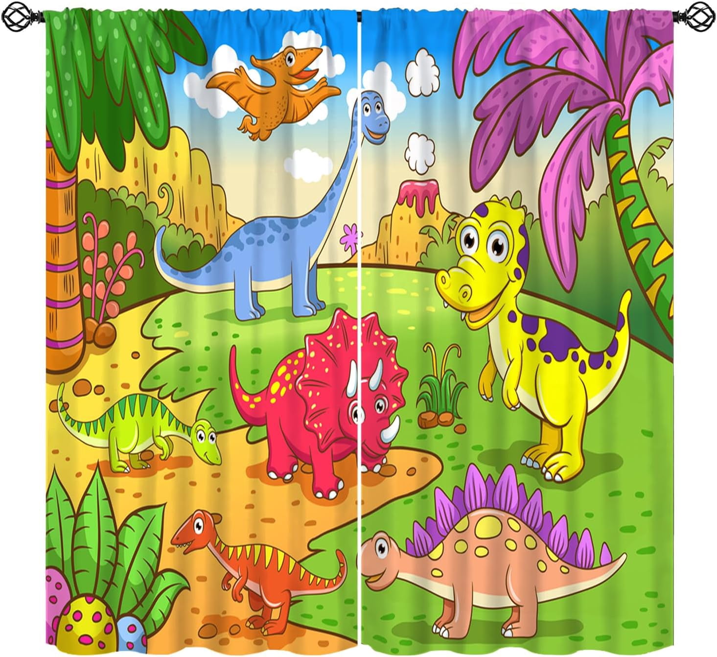 Cute Dinosaur Curtains, Colorful Cartoon Dino Pattern Window Treatments ...