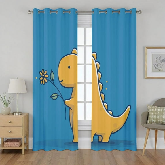 Cute Dinosaur Curtains For Living Room, Cartoon Dino Floral Drapes ...