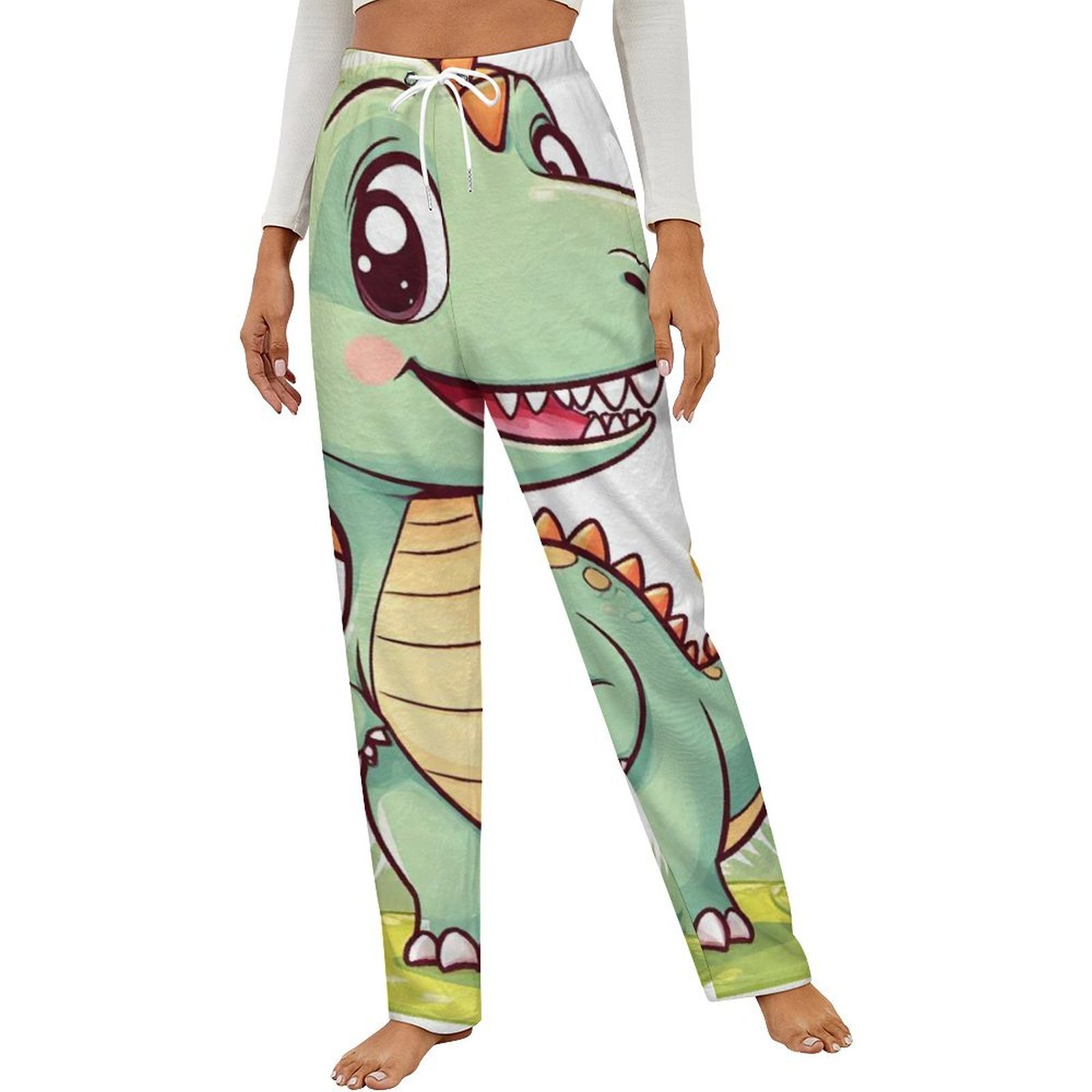 Cute Dinosaur In Forest Winter Female Pants Flannel High Waist Women ...