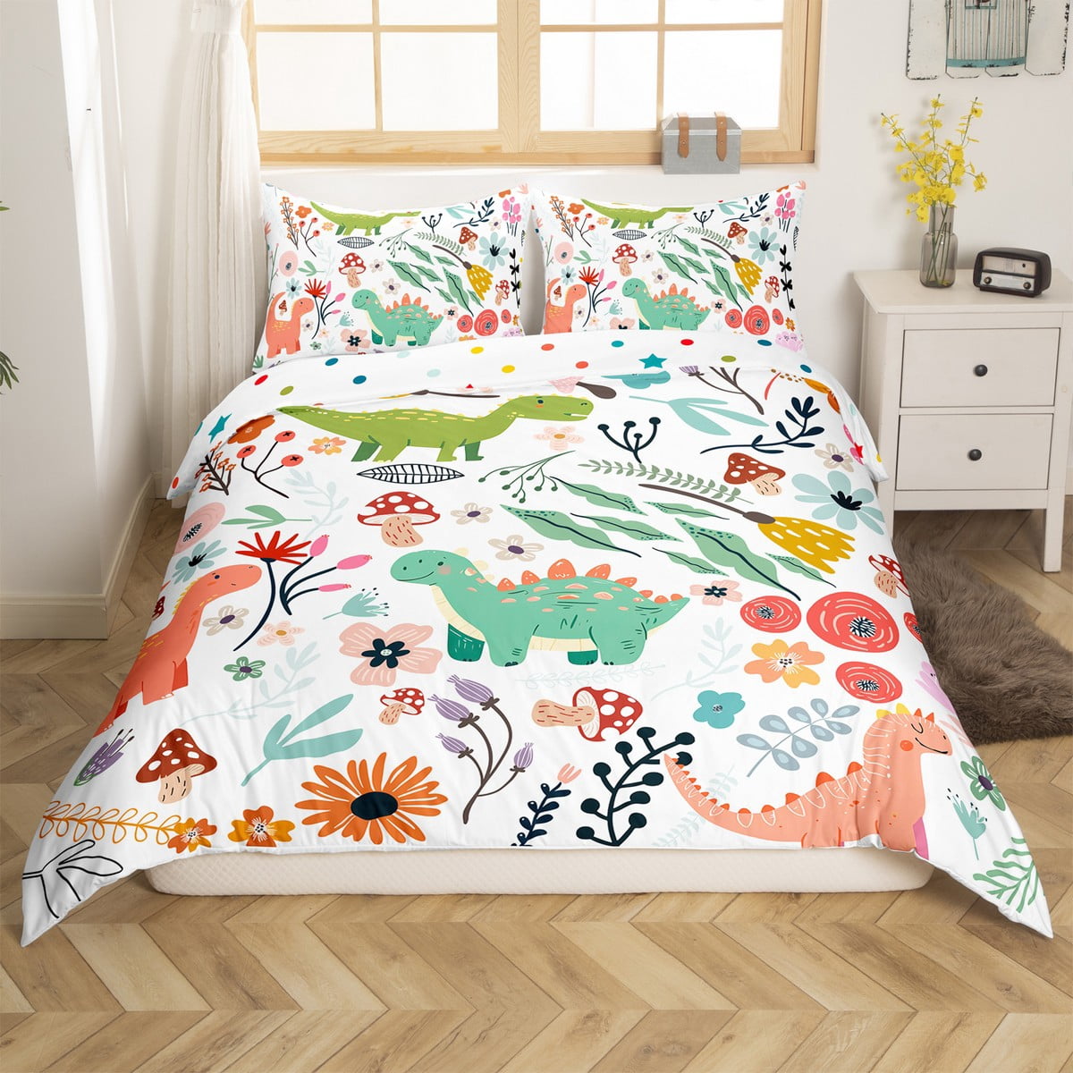 Cute Dinosaur King Bedding Sets for Girls,Mushroom Floral Comforter ...