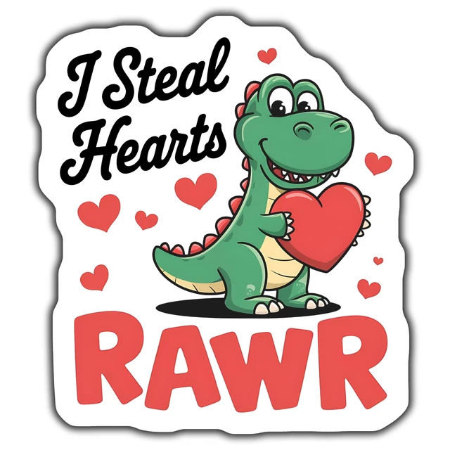 Cute Dinosaur Love Sticker, I Steal Hearts Rawr Sticker, Cute Valentine ...