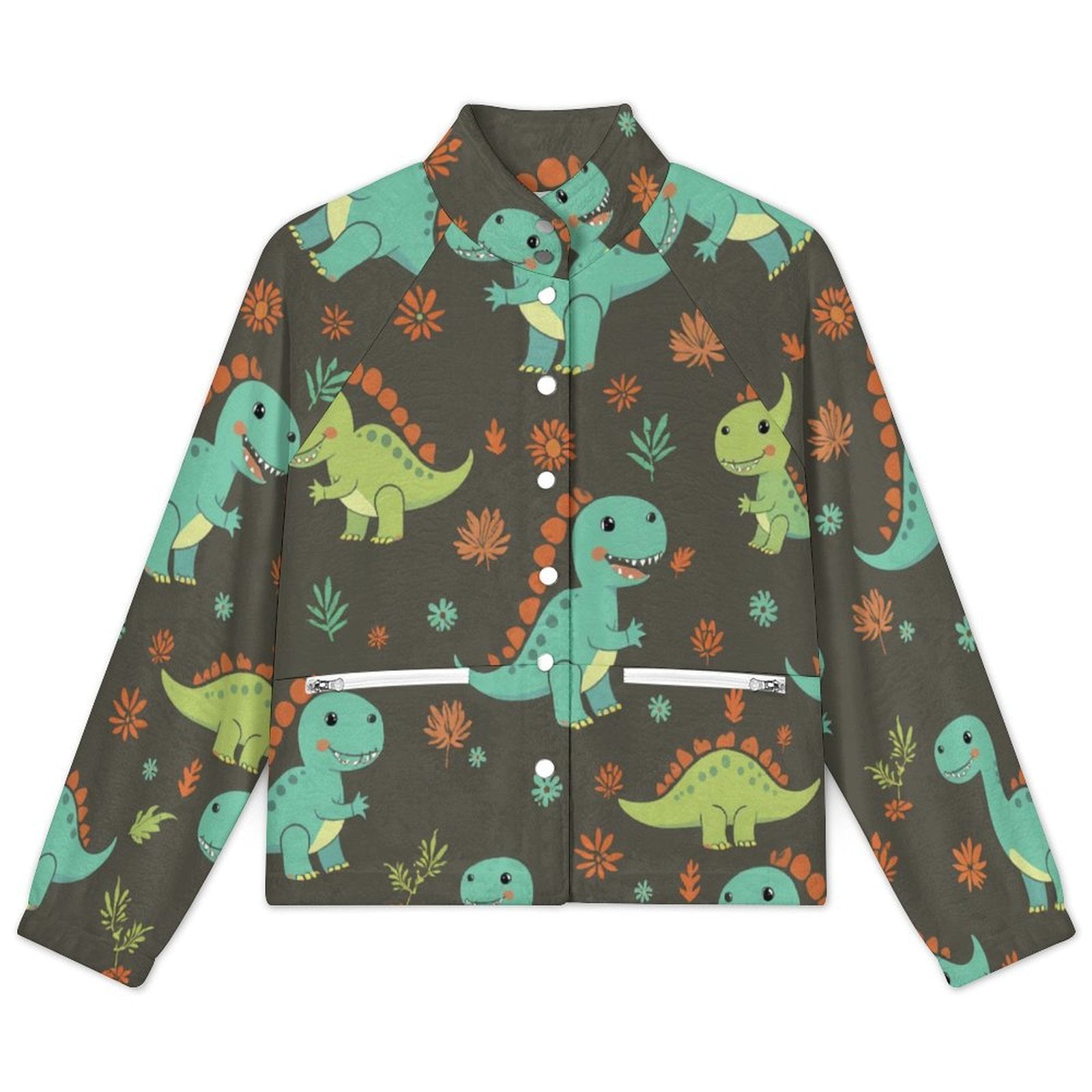 Cute Dinosaur Pattern Fall Winter Women Jacket Stand Collar Thick Plush ...