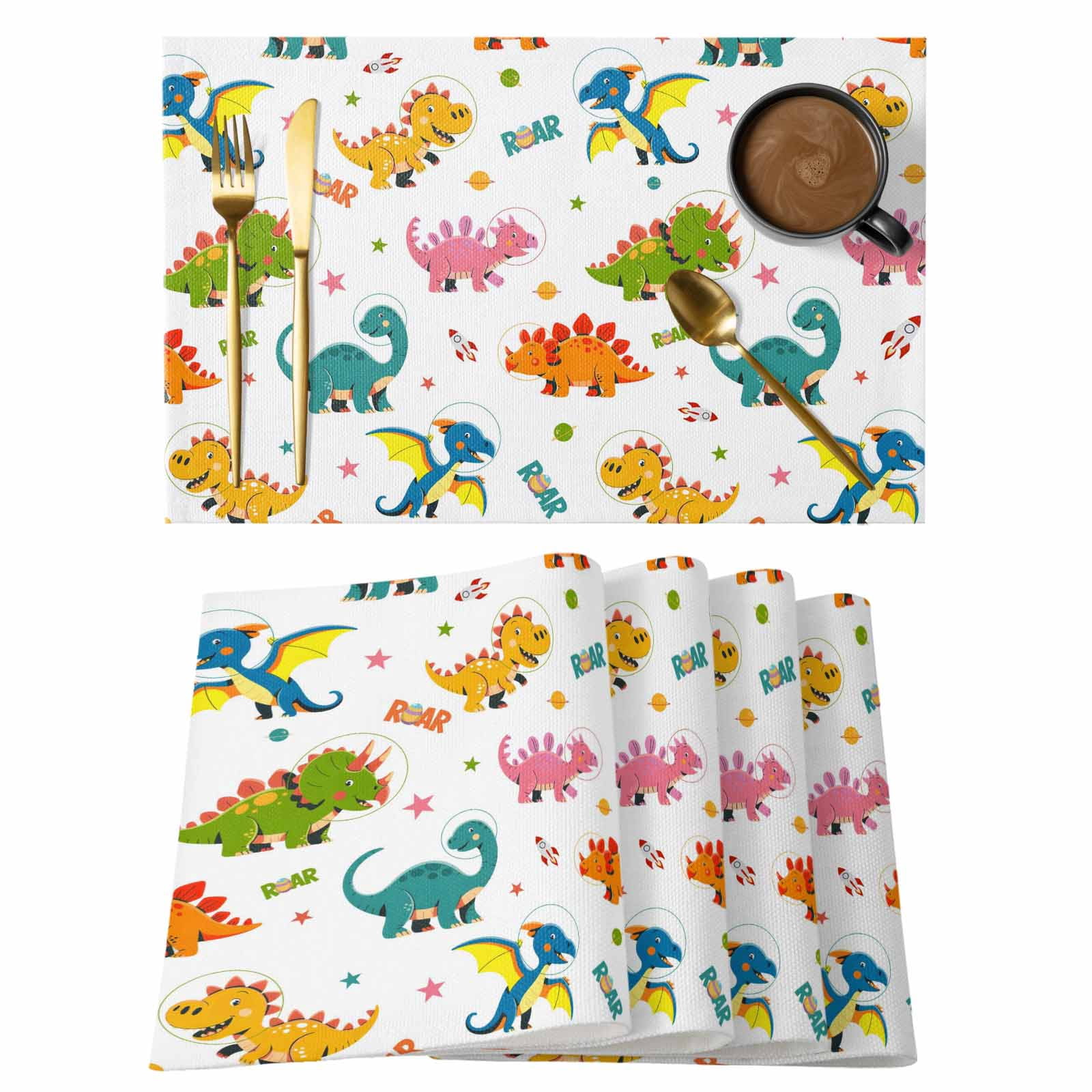 Cute Dinosaur Placemats Set of 4 Cartoon Dino Funny Boys Girls Children ...