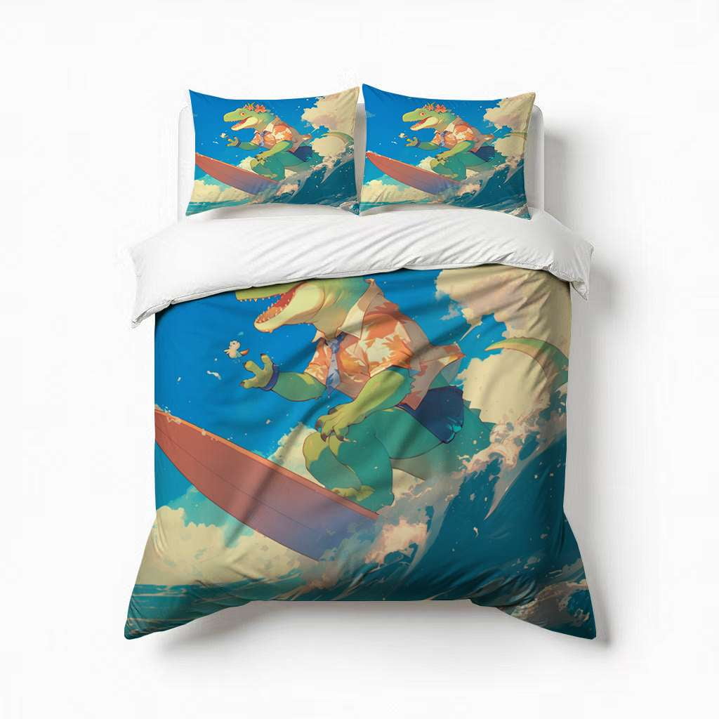 Cute Dinosaur Surfing Bedding Set 3 Pcs Soft Microfiber Quilt Cover For ...