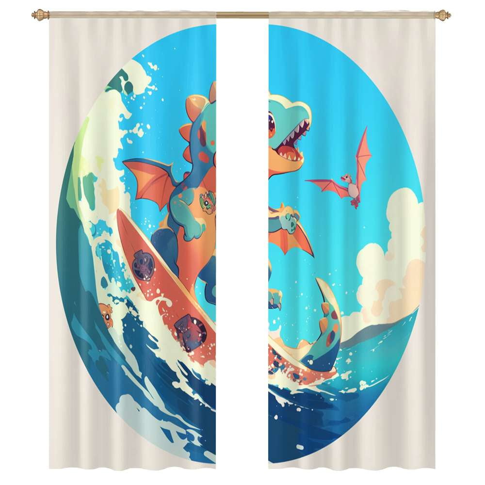 Cute Dinosaur Surfing Sheer Voile Curtain Window Tulle Curtains For ...