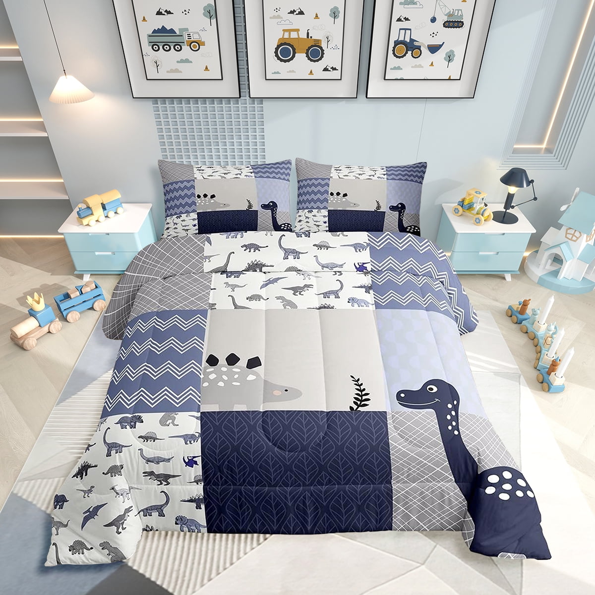 Cute Dinosaur Comforter Set Blue Gray Grid Bedding Set Adults Teens ...