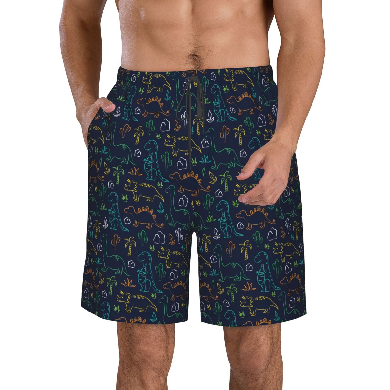 Cute Dinosaur and Leaves Pattern Mens Shorts Swim Trunks Casual Elastic ...