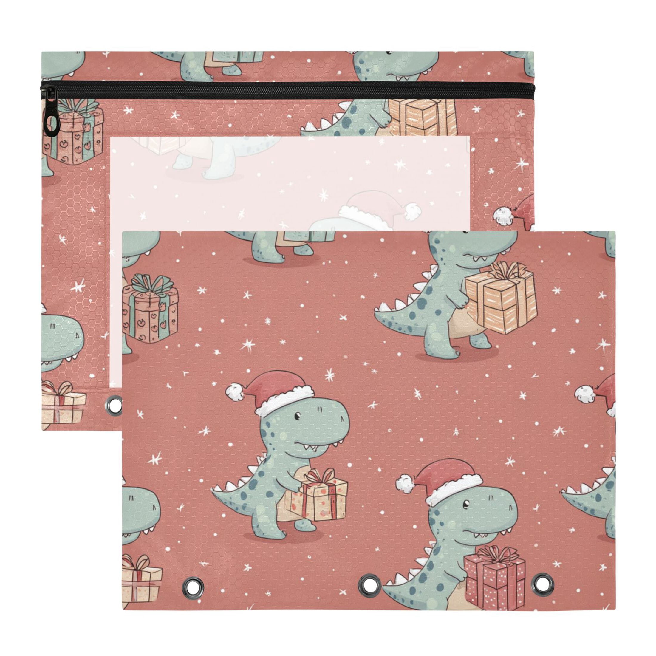 Cute Dinosaur with Christmas Hat and Gift 3-Ring Binder Pocket with ...