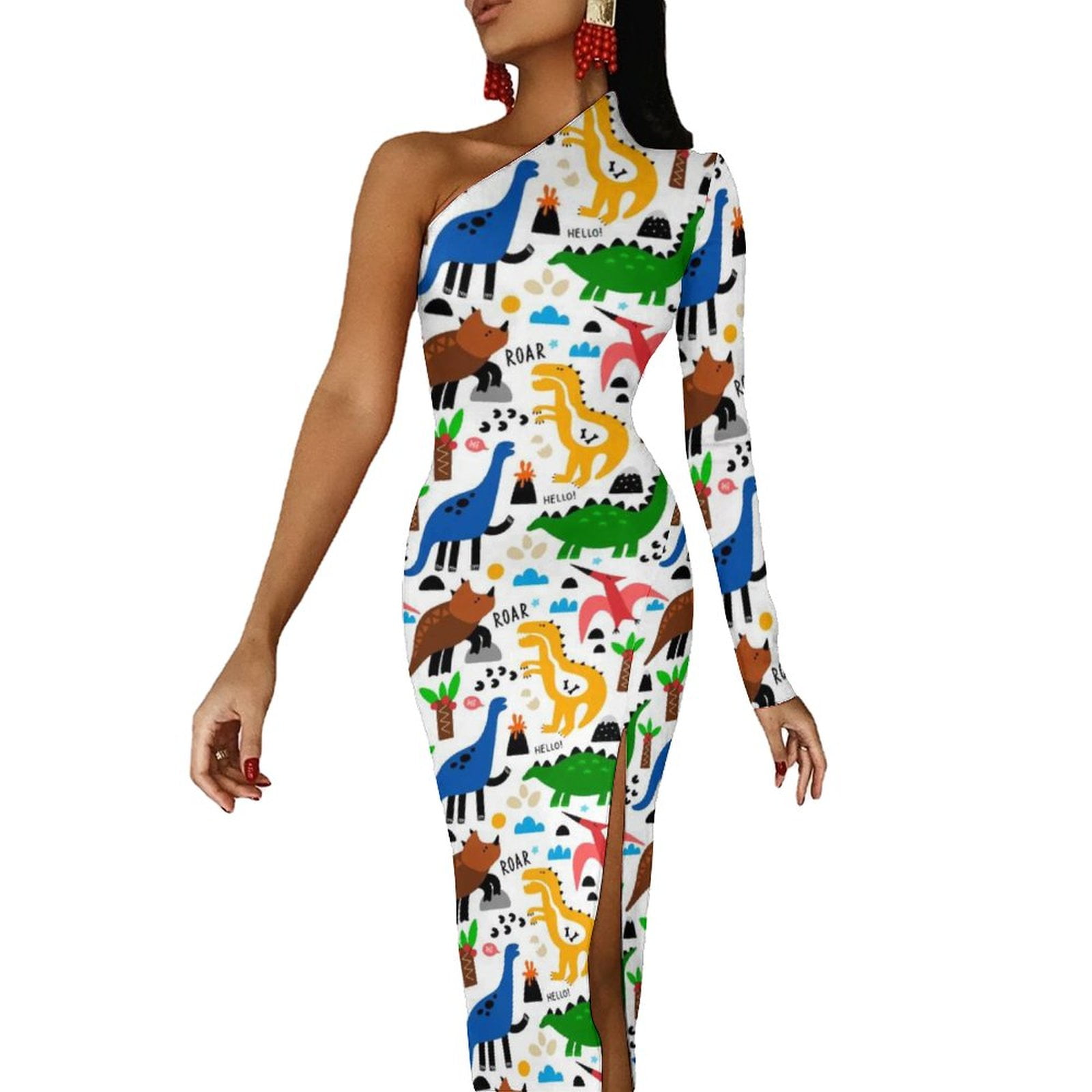 Cute Dinosaurs Maxi Dress One Shoulder Cartoon Animals Print Street ...