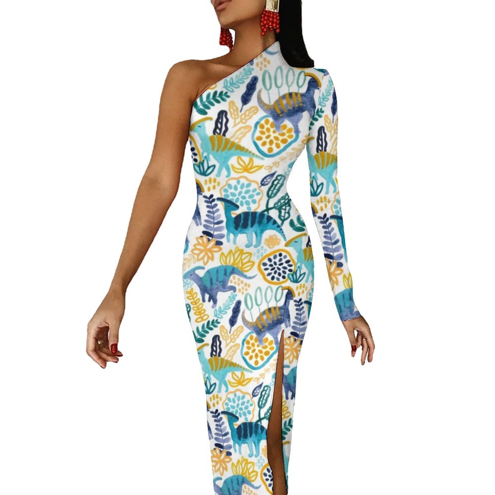 Cute Dinosaurs Maxi Dress One Shoulder Cartoon Animals Print Street ...