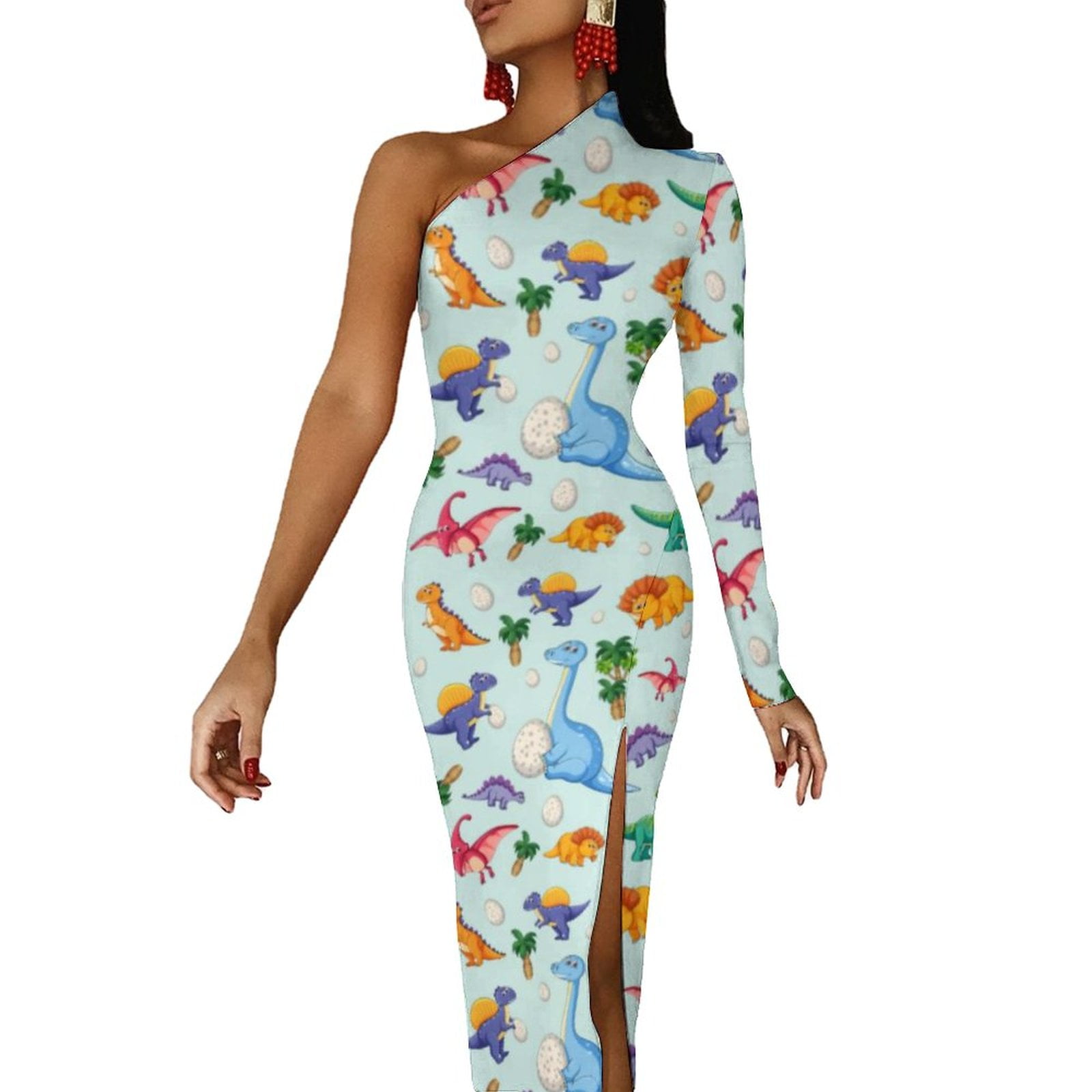 Cute Dinosaurs Maxi Dress One Shoulder Cartoon Animals Print Street ...