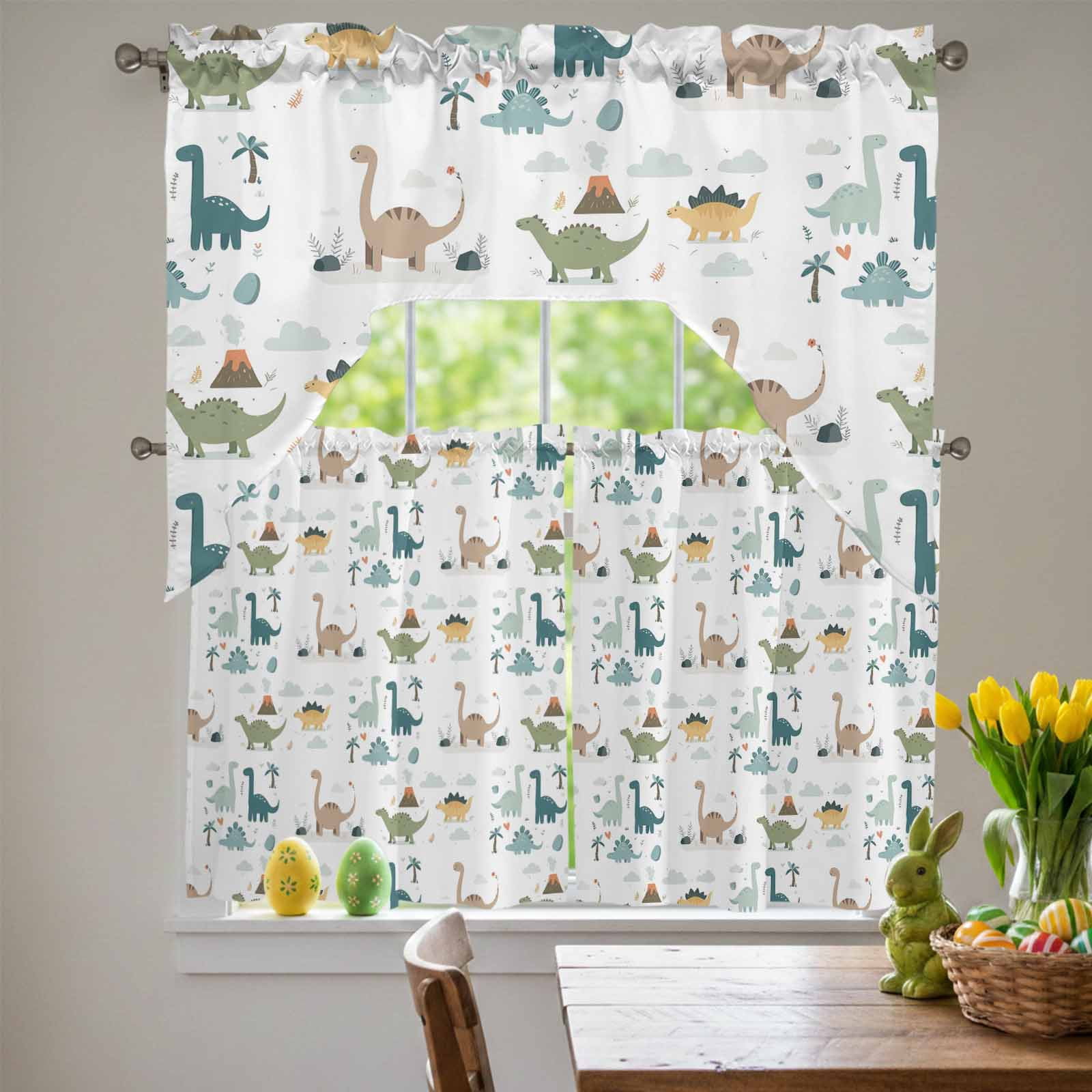Cute Dinosaurs Swag Curtains Valance & Tier Set, Lovely Colorful ...